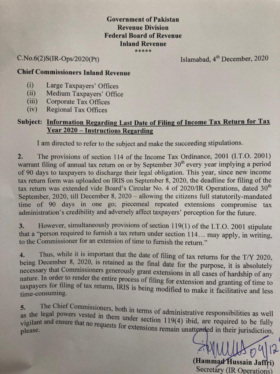 FBR notified information regarding last date of income tax return for ...